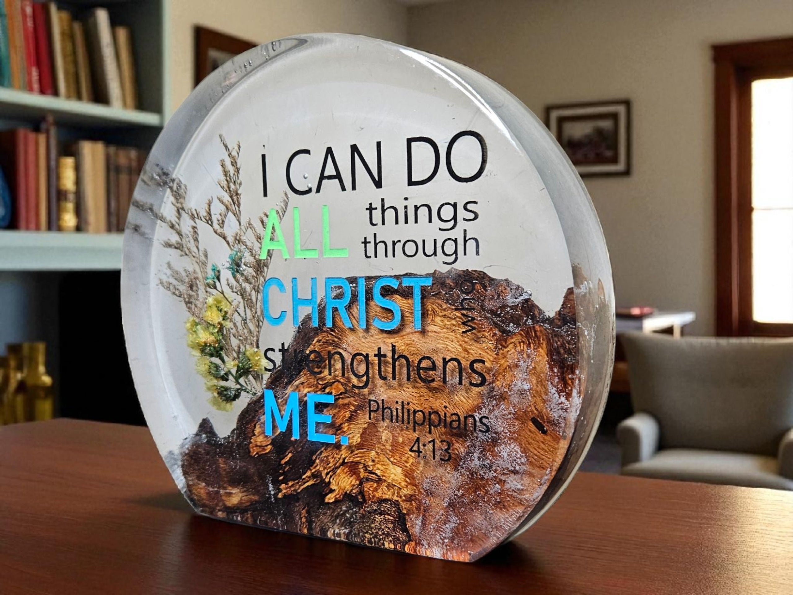 Epoxy Scripture Display – Philippians 4:13 8" x 7" #589 – EpoxyMagination